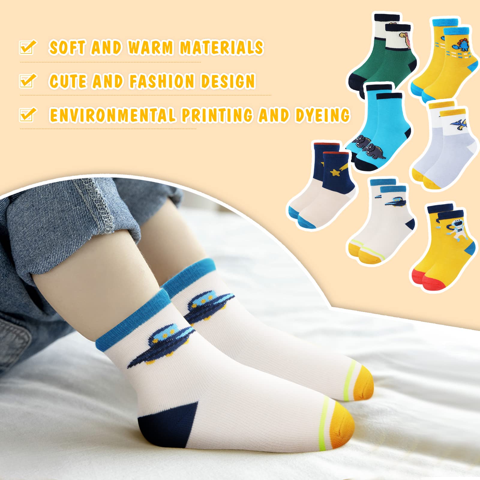 Mmkkhpy Toddler Little Kids Boys Fun Novelty Design Crew Cotton Socks 10 Pairs (5-8 Years, Dino Rocket)