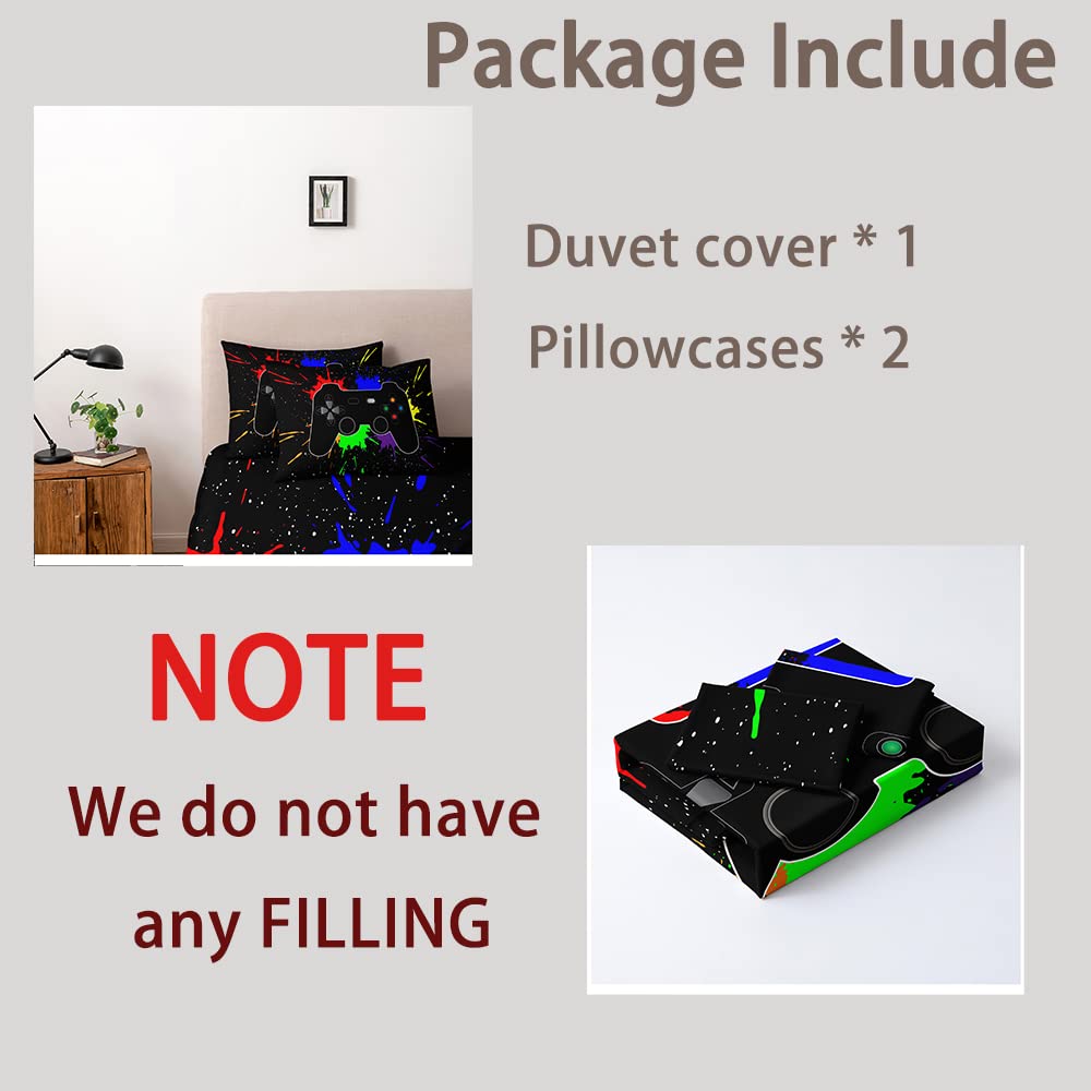 Holiyjog Game Bedding Set for Boys Kids Gamepad Duvet Cover with 2 Pillowcases Gamer Bedroom Decor Black Bed Set 3pcs,Twin Size