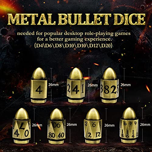 Metal Bullet Dice Set, DND Dice Set Dungeons and Dragons Dice, ZHOORQI D6 Dice Set D&D Dice Gifts for Role Playing Games, Pathfinder, Warhammer 40k or Theme Tabletop Games(7Bullet-Bronze)