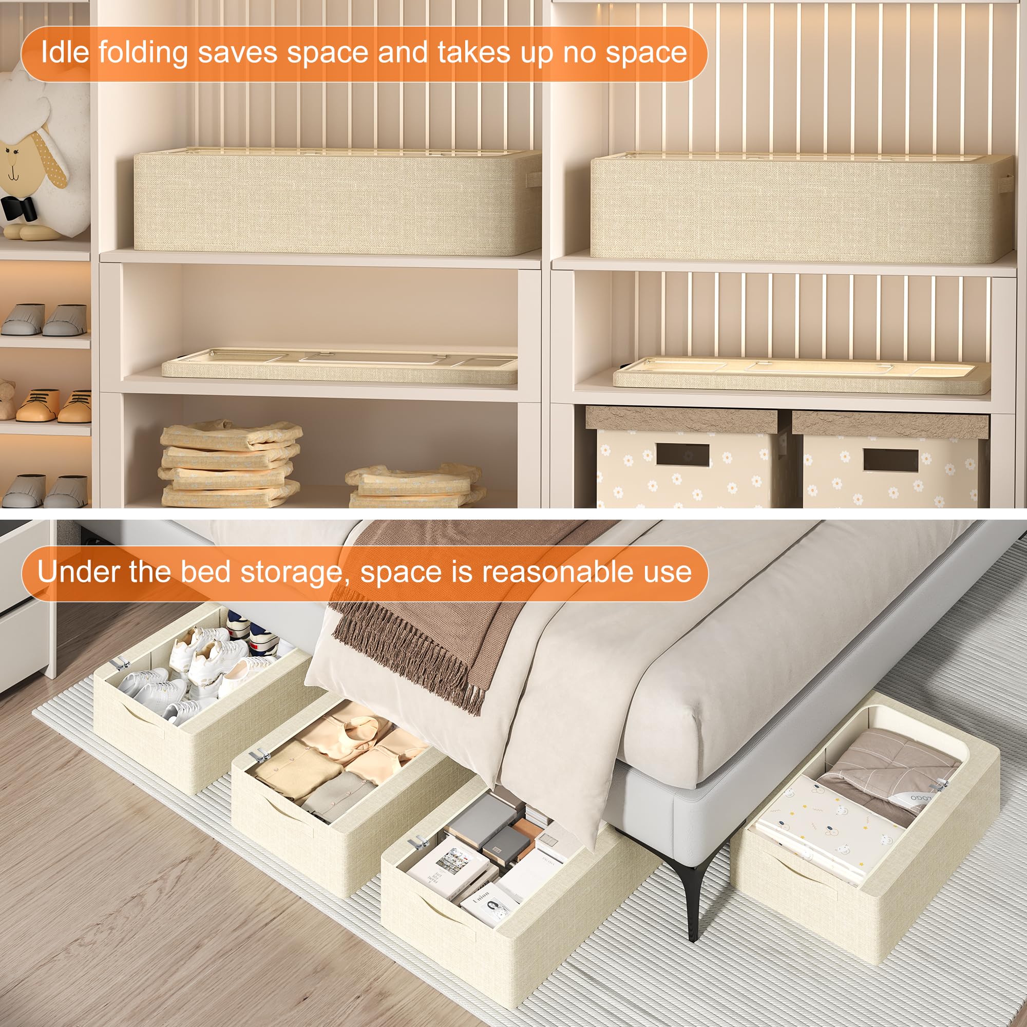 GRSQYS Under Bed Storage Bins with Metal Frame, Shoe Organizer for Closet with Large Clear Windw,Foldable Stackable Linen Fabric Clothes Organizer Bins (Beige, 23.6(L) x13(W) x6(H) inch)