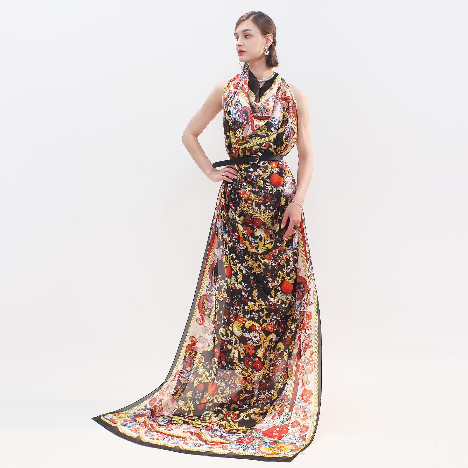 DANA XU 100% Mulberry Satin Silk Summer Travel Scarf Extra Large Women Floral Shawl Oversize Soft Wraps For Evening Dresses