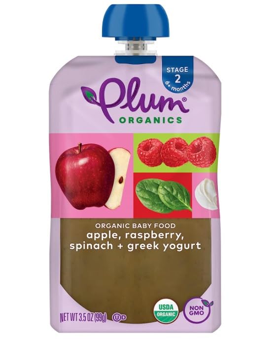 Plum Organics | Stage 2 | Organic Baby Food Meals [6+ Months] | Apple, Raspberry, Spinach & Greek Yogurt | 3.5 Ounce Pouch (Pack Of 6) Packaging May Vary