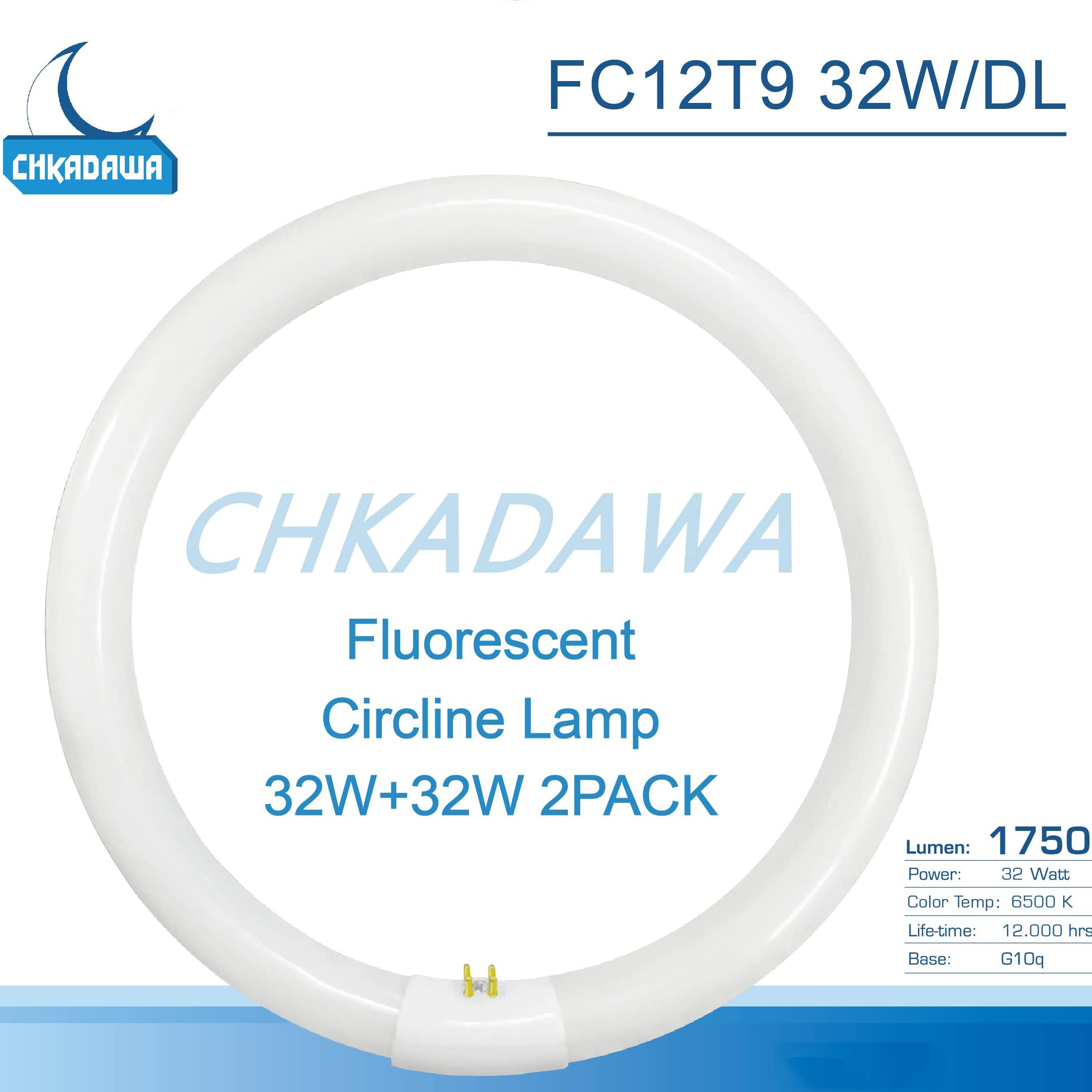 CHKADAWA FC12T9 32 Watts Circline Light Bulbs Daylight, Circular 12 Inch T9 32W Round Fluorescent Bulb Replacement for Circle Ceiling Fixture Lamp, DL 6500K Tube, G10q 4 Pin Base, 2 Pack