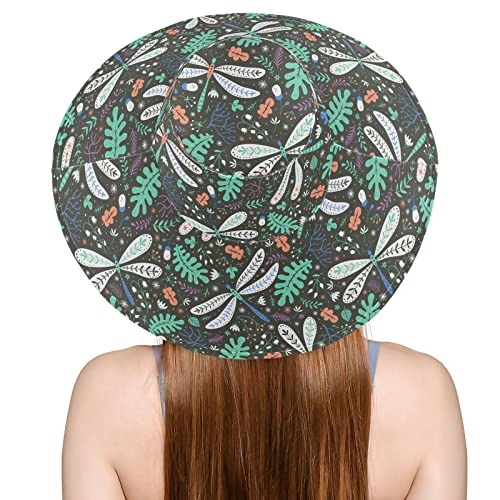 Kigai Acorns and Dragonflies Sun Hat Wide Brim Floppy Beach Hats for Women UV Protection Hat with Chain Strap for Outdoor Summer Camping Hiking