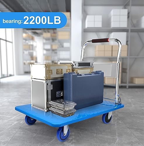 Folding Dolly Cart with Wheels Collapsible - 2000lbs Alloy Steel Portable Foldable Moving Push Utility Flat Hand Trucks, Heavy Duty Trolley Dolley with 360 Degree Swivel Wheels