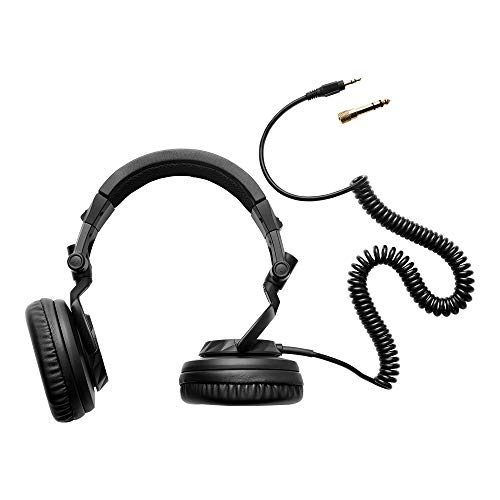 Hercules HDP DJ45: Closed-back headphones for DJs. Foldable, with pivoting earpieces and a 6.6-foot/2-meter cable