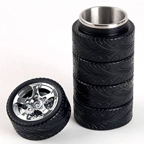 Tyre Tire Coffee Tea Mug, Gift for The Mechanic and Car Guy, Unique Stainless Steel Water Bottle, Leak Proof Screw Top, No Spill, BPA Free, 11oz, Black