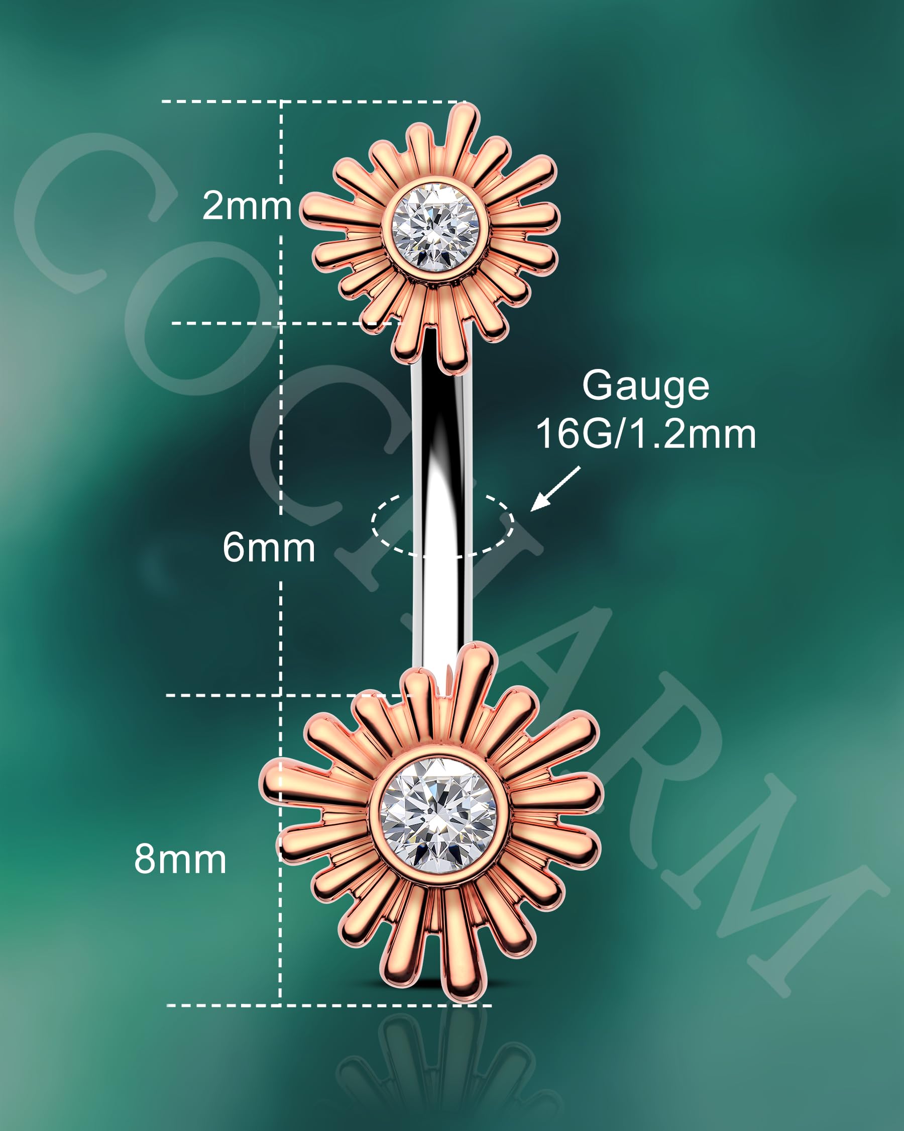COCHARM Sun Rook Earrings 16g 18K Rose Gold Sun Piercing Jewelry 6mm Rook Barbell 6mm Short Rook Bar Cute Daith Earring Daith Rook Piercing
