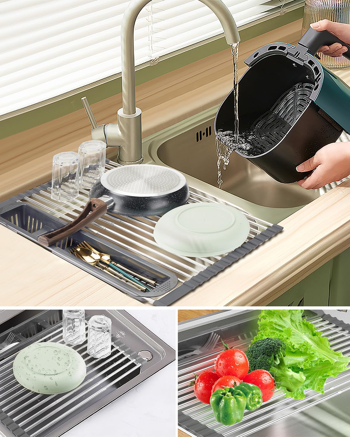 CLNGAI Roll Up Dish Drying Rack,Expandable Over The Sink Dish Drainer,Stainless Steel Kitchen Rolling Sink Rack with Utensil Holder,Length Up to 22.3" (Grey)