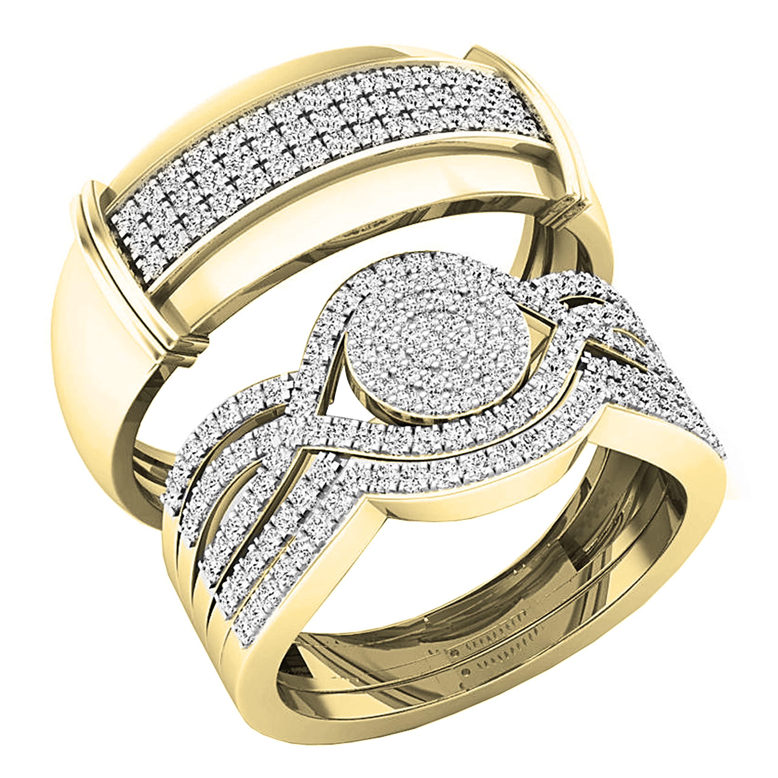 Dazzlingrock Collection Round White Diamond Cluster Criss Cross Matching Wedding Trio Ring Set (0.65 ctw, Color I-J, Clarity I2-I3) in 10K Yellow Gold, Women size 8.5 and Men size 11
