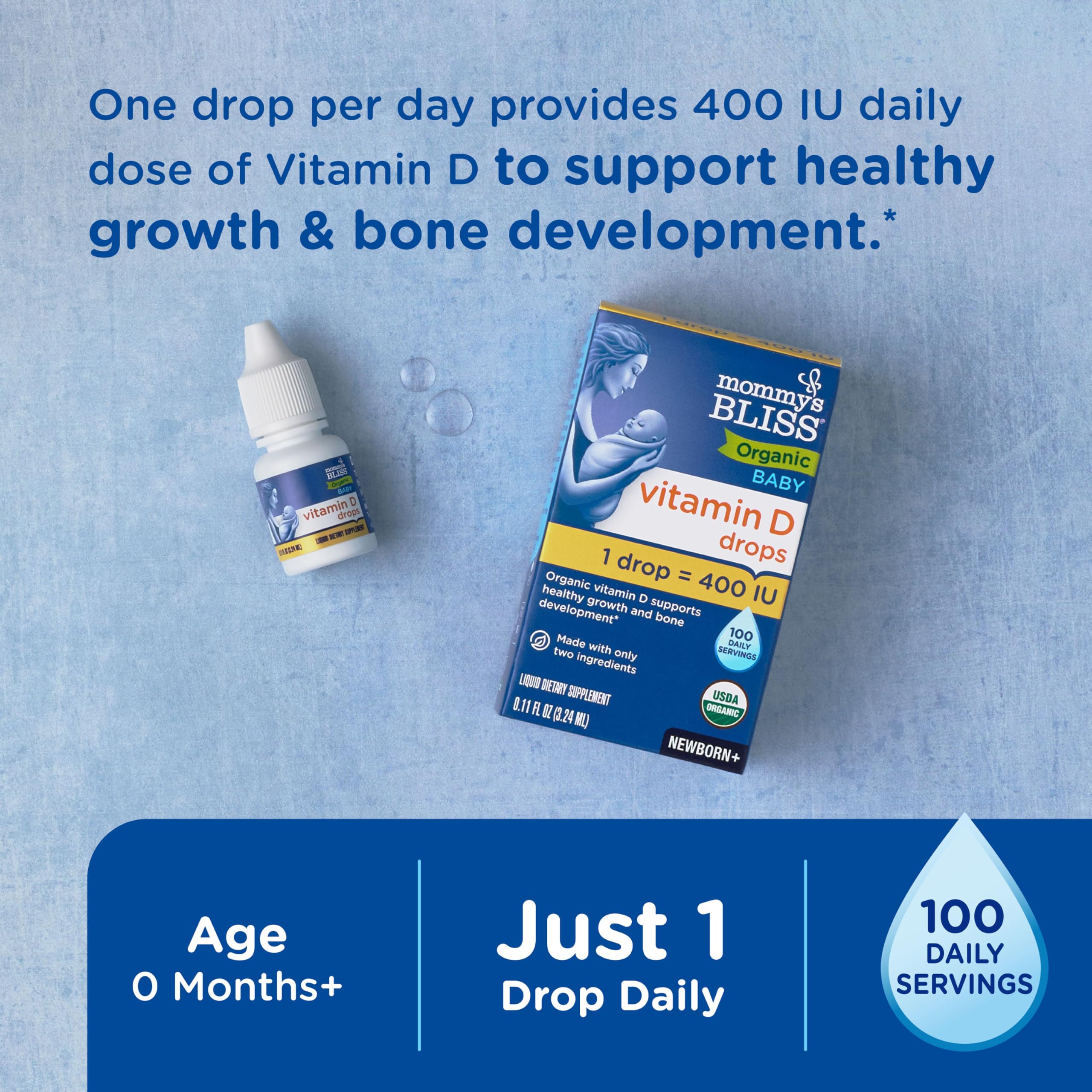 Mommy's Bliss Organic Baby Vitamin D Drops, Promotes Healthy Growth and Bone Development, Supports Immunity, Age Newborn+, 45 Servings, Pack of 4