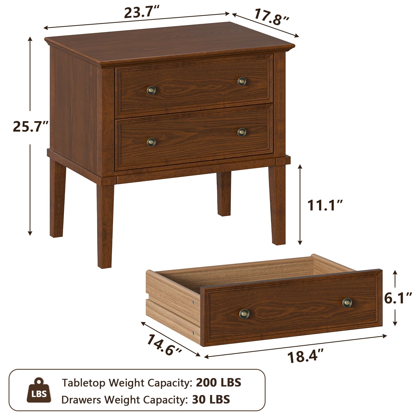 IKENO Solid Wood Nightstand with 2 Drawers, Practical Bed Side Table/Night Stand, End Table with 2 Drawers for Bedroom or Living Room (Caramel)