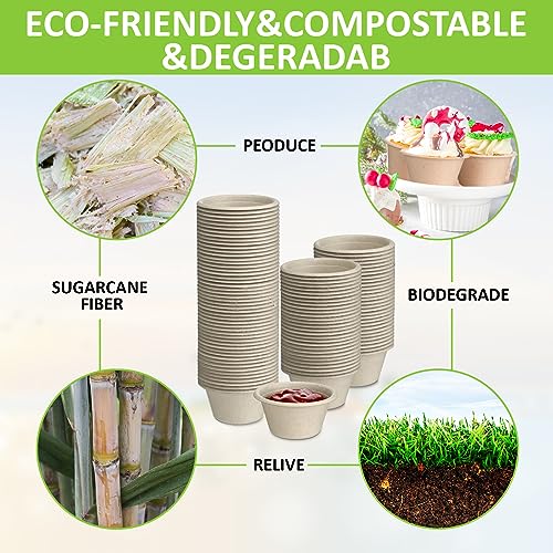 Hsei 400 Set 2oz Disposable Souffle Cups with Lids Bagasse Fiber Condiment Paper Cups Serving Sample Cups Mini Tasting Cups for Sauce Salad Snack Charcuterie Dessert Serving, Include 400 Cups 400 Lids
