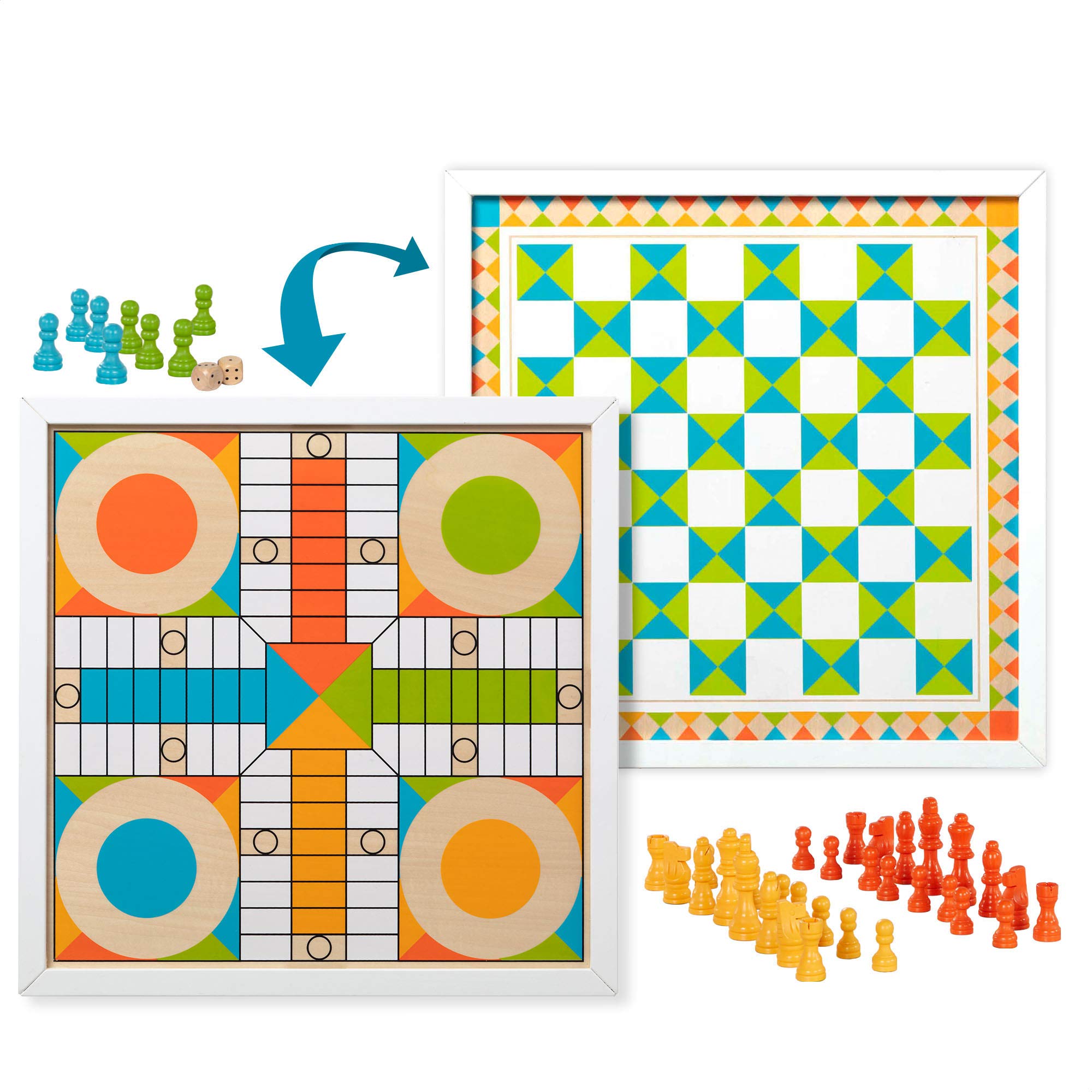 Melissa & Doug Double-Sided Wooden Chess & Pachisi Board Game with 42 Game Pieces (17.5†W x 17.5†L x 1.5†D)