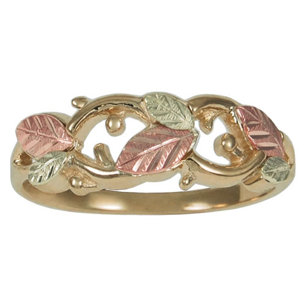 Cut-Out Leaf Band, 10k Yellow Gold, 12k Green and Rose Gold Black Hills Gold Motif, Size 4.75