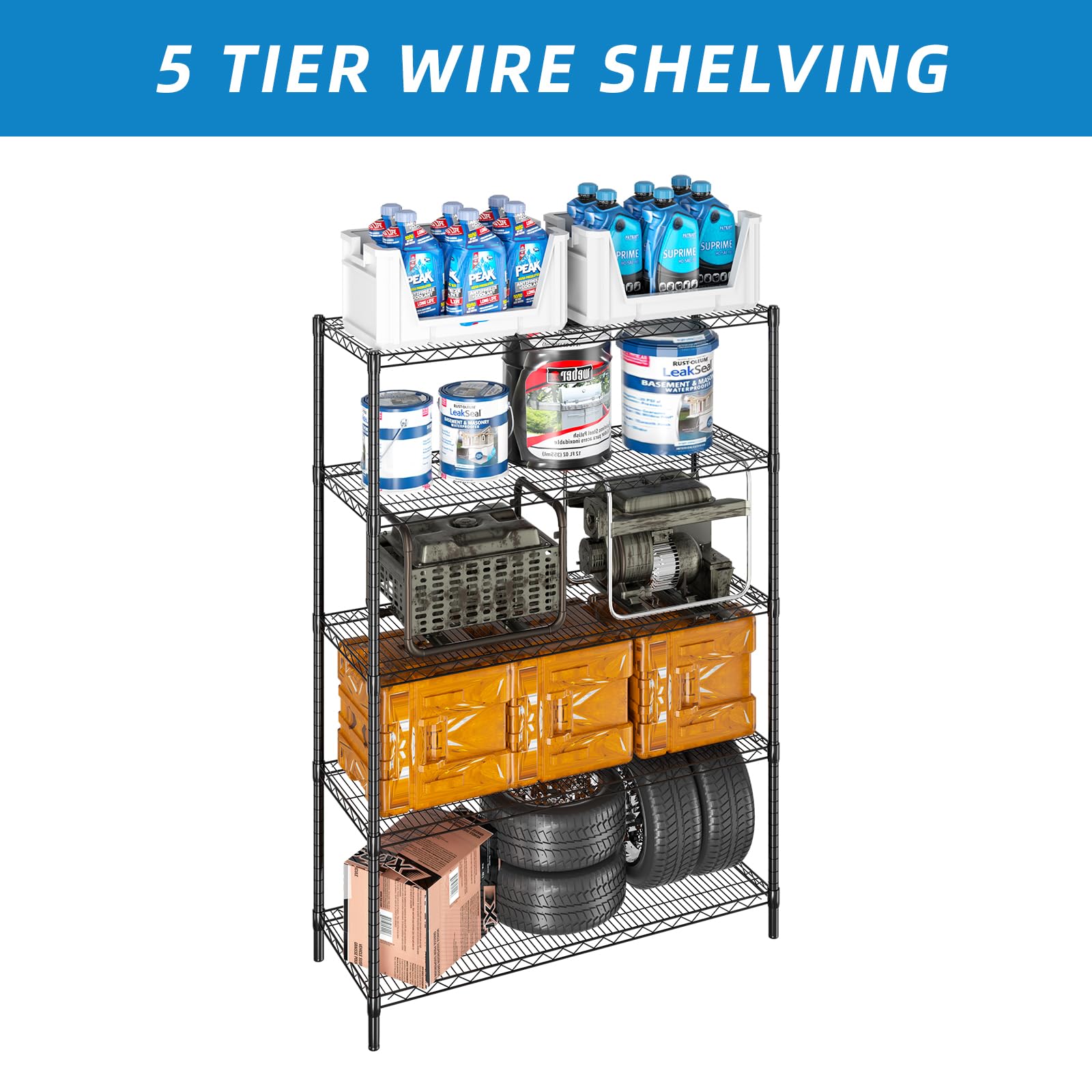 Guan River 5-Shelf Adjustable Metal Shelf Wire Shelving Unit Heavy Duty Storage Rack Display Shelf for Office,Kitchen,Bedroom,Bathroom,Laundry,Pantry Basement,Garage(Black,48" L x 18" W x 72" H)