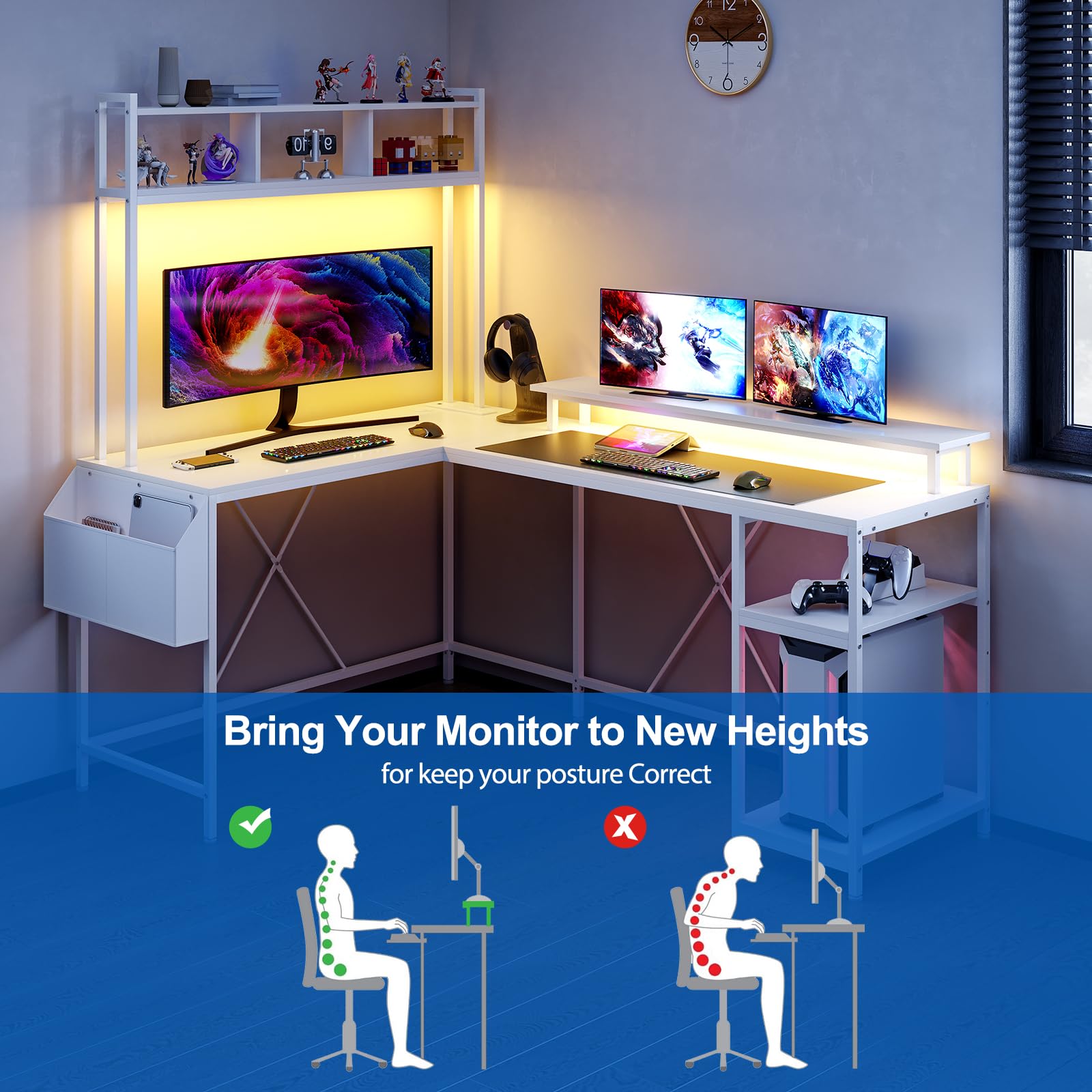 Jojoka L Shaped Computer Gaming Desk with LED Lights & Power Outlets, 67" Reversible Large L-Shaped Desk with Monitor Stand & Storage Shelves (White)