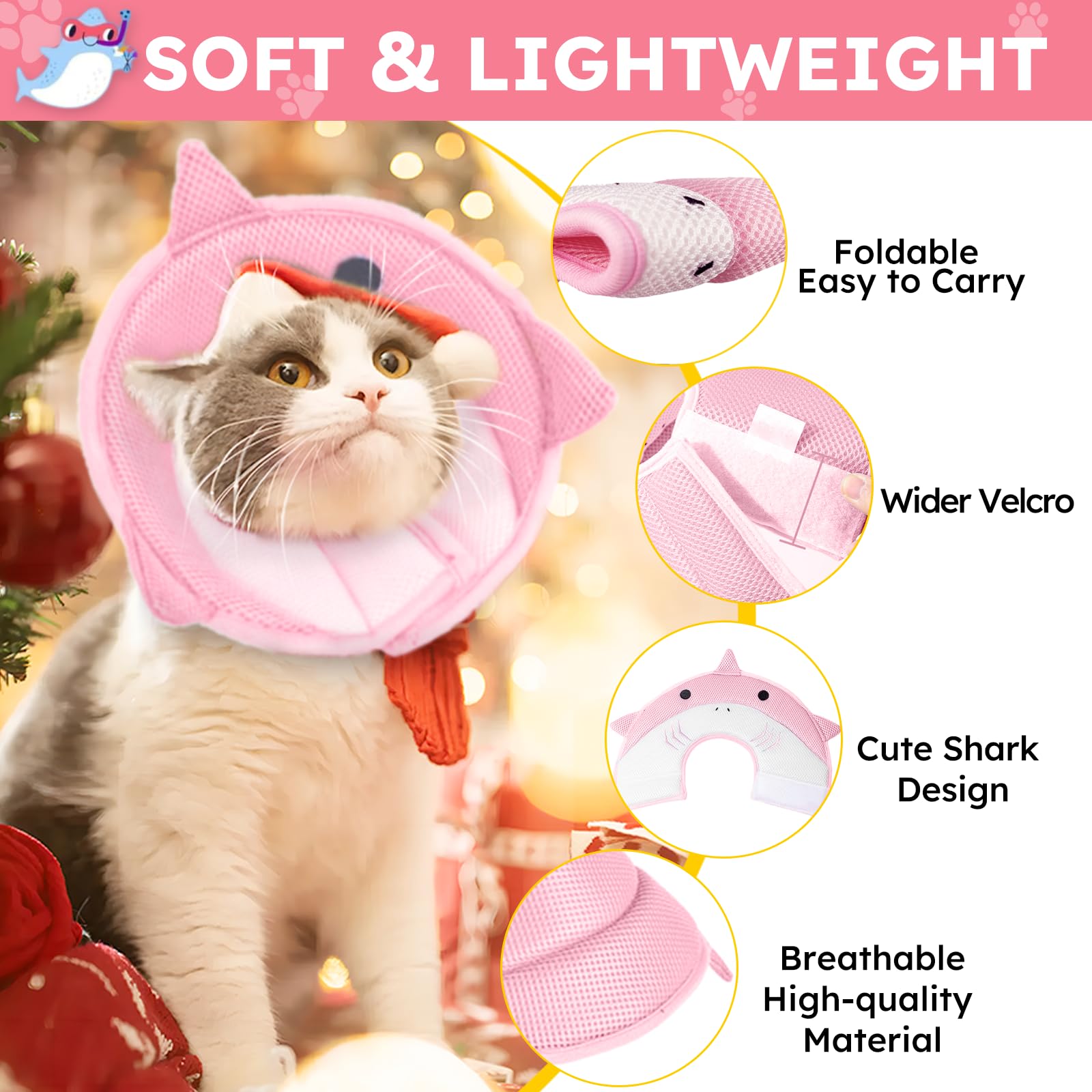 Hpetppy Cat Cone Collar Soft, Adjustable Cat Recovery Collar After Surgery to Prevent Licking Wound, Breathable Cat Neck Cone Comfortable Pet Elizabethan Collar for Cats Kittens Cute Shark Design