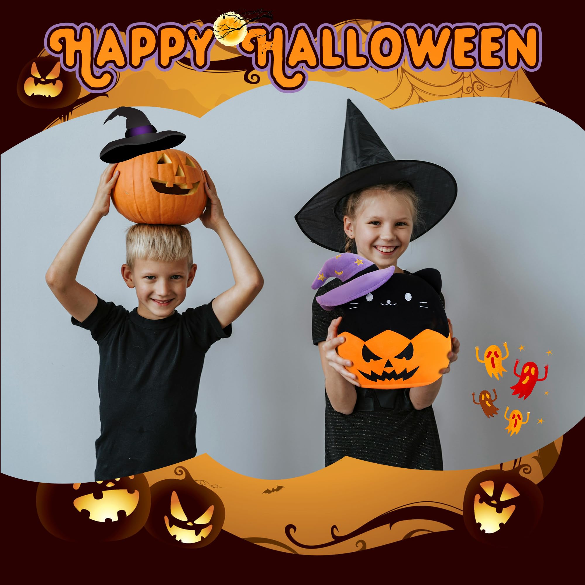 Gudisi Halloween Black Cat Plush Pumpkin Pillow Halloween Decoration and Gift for Kids, Girls & Boys