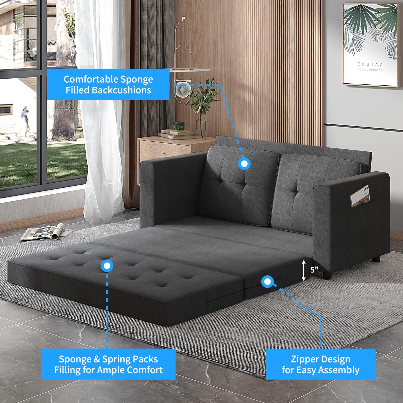 PUREMIND Floor Sleeper Sofa Bed, Upholstery 2-in-1 Pull Out Couch Bed, Loveseat Folding Futon Sofa Bed with Cushion, Convertible Floor Gaming Couch Bed for Living Room, Apartment, Office