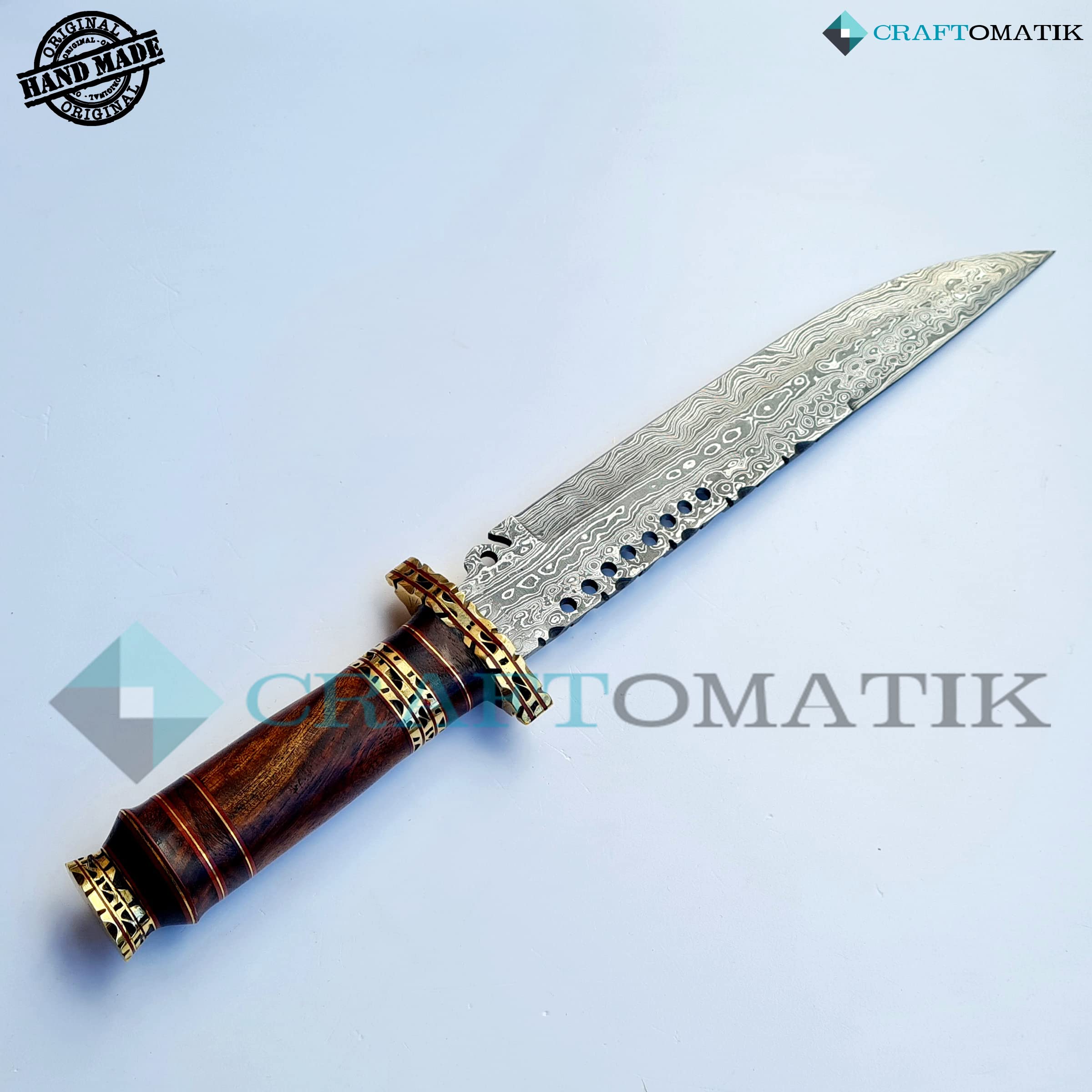 CRAFTOMATIK Hunting Knife Elite | Damascus Steel Walnut Wood and Brass Bowie DHK91, brown, 40 cm