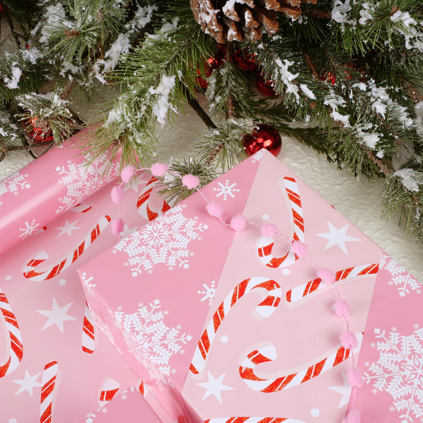 LaRibbons Reversible Christmas Wrapping Paper Jumbo Roll with Pink Pom Pom, Classic Candy Cane/Snowflake Gift Wrap Set for Christmas, Party, Holiday Celebration, 30 Inch × 40 Feet (100 sq. ft. ttl.)