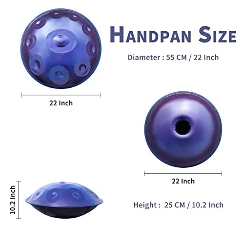 GLADFRESIT 440hz Handpan Drum 10 notes 22inch "Purple Performer" in D Kurd Minor with handpan stand, handpan case, durable mallets and dust-free cloth