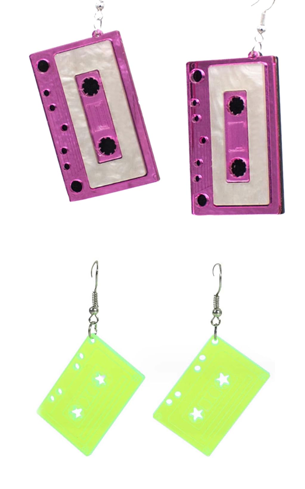 CutieJewelry Cassette Tape Dangle Cute Pretty Earrings 2 PAIRS (Lilac and Neon Yellow)
