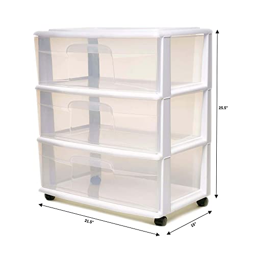Homz Plastic 3 Clear Drawer Compact Home Rolling Storage Container Tower for Small to Medium Sized Items, White Frame (2 Pack)