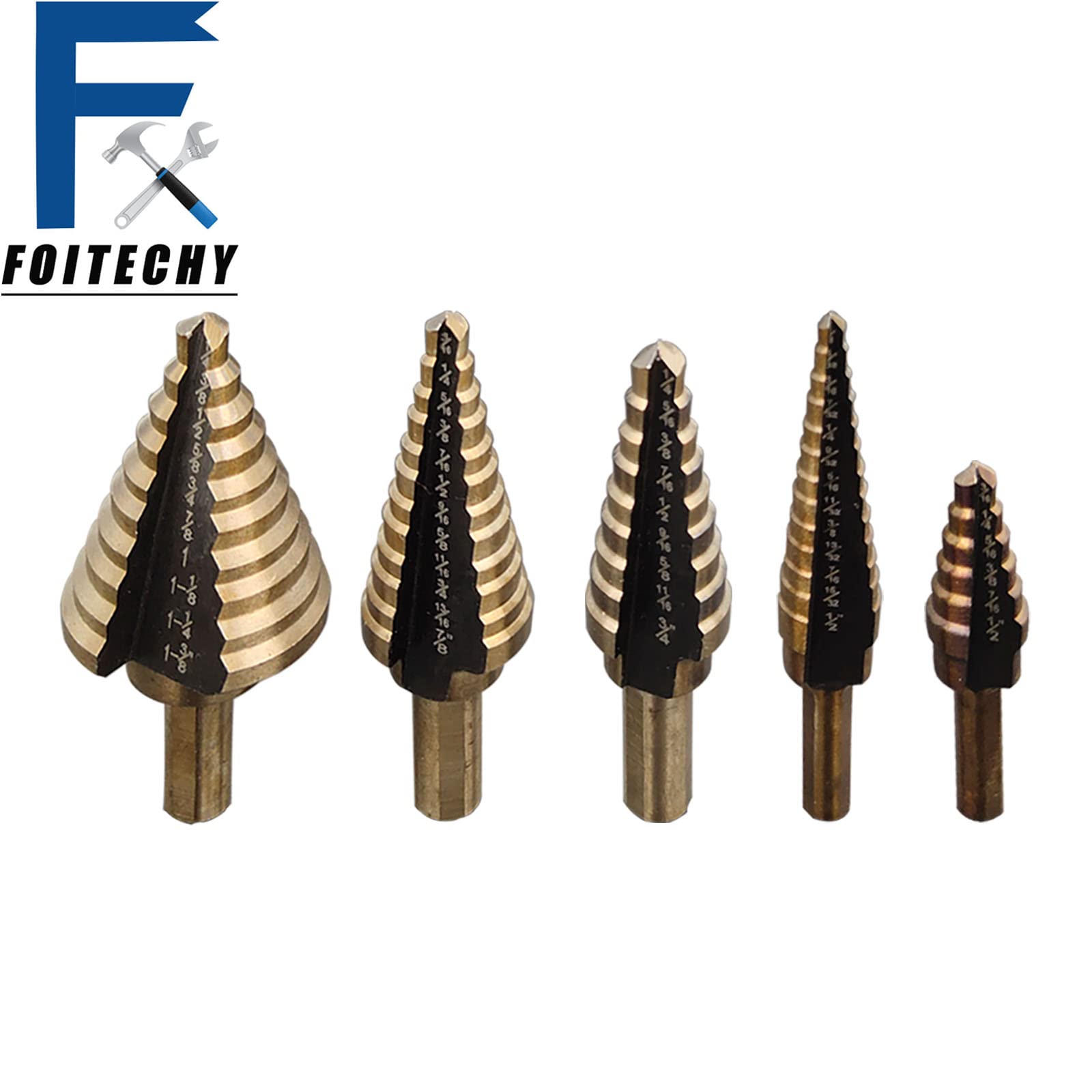 FOITECHY 5Pcs High Speed Step Drill Bit,Stainless Steel Metric Step Drill Bit,Cobalt Step Drill Bits for Metal,50 Sizes in 5 High Speed Steel Unibit Drill Bits Set for Sheet Metal with Aluminum Case