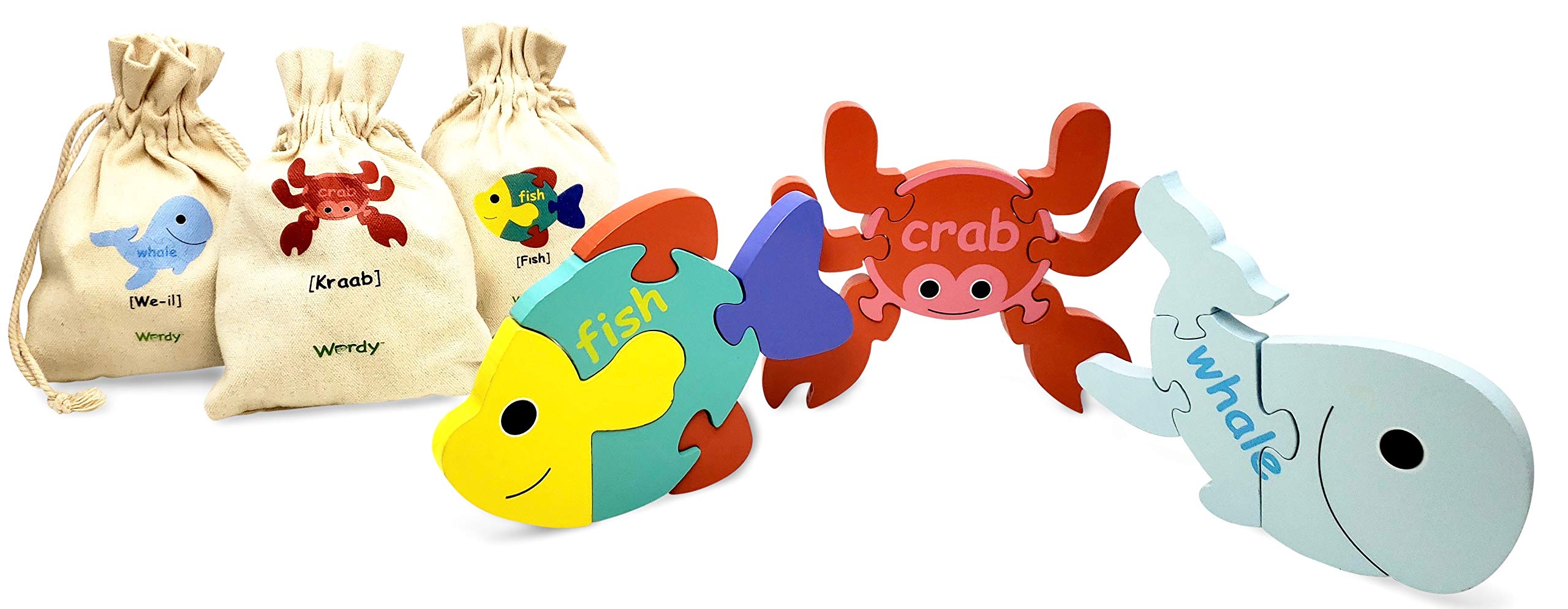 The Wordy Sea - 6 Piece Wood Bilingual Puzzle Set for Toddlers - Early Childhood Education Montessori Language and Fine Motor Skills Toys. (English/Mandarin)