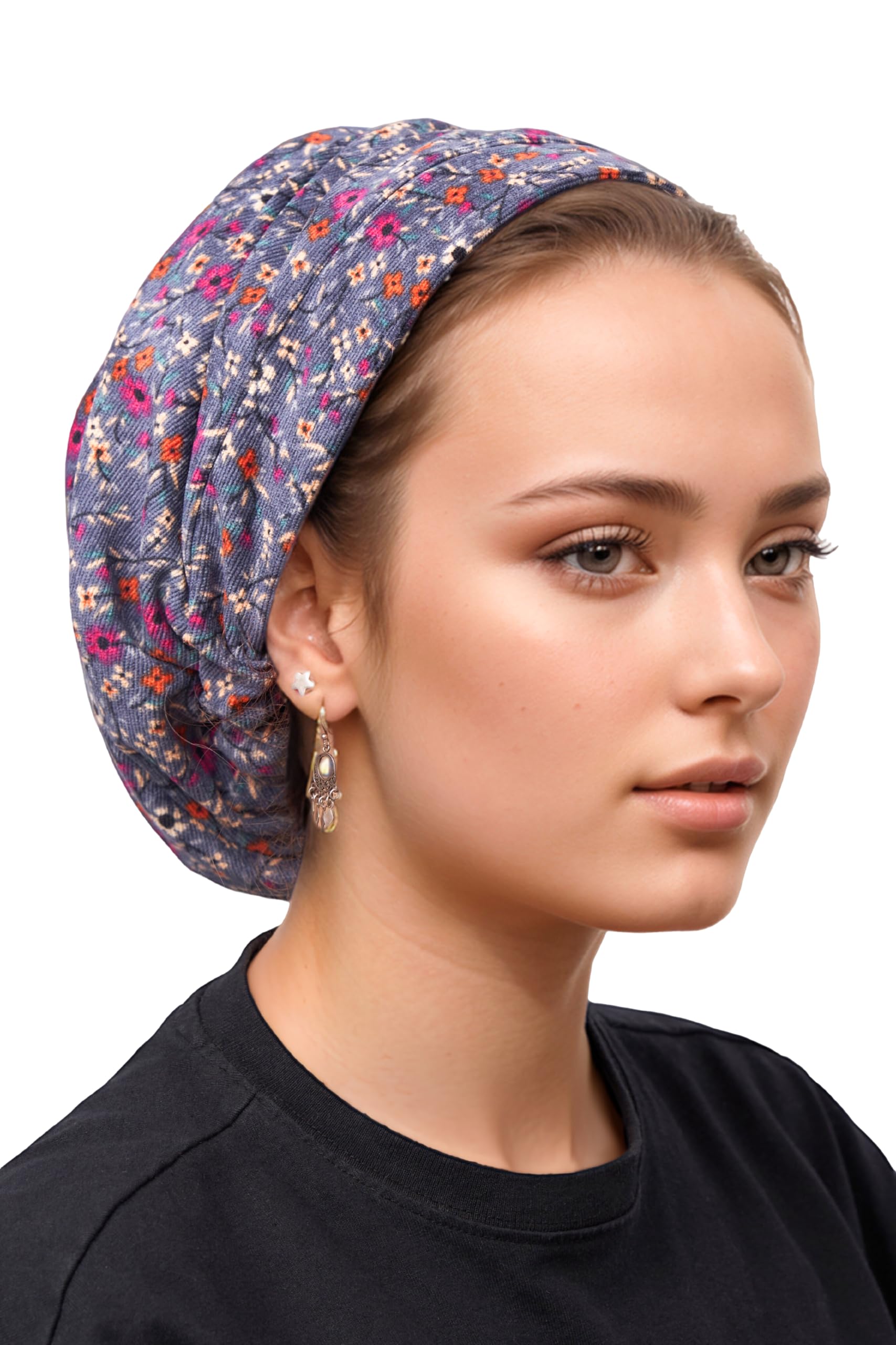 Ermandina Floral Head Covering for Women Tichel Slouchy Beanie Beret Snood Headcovering (Blue)