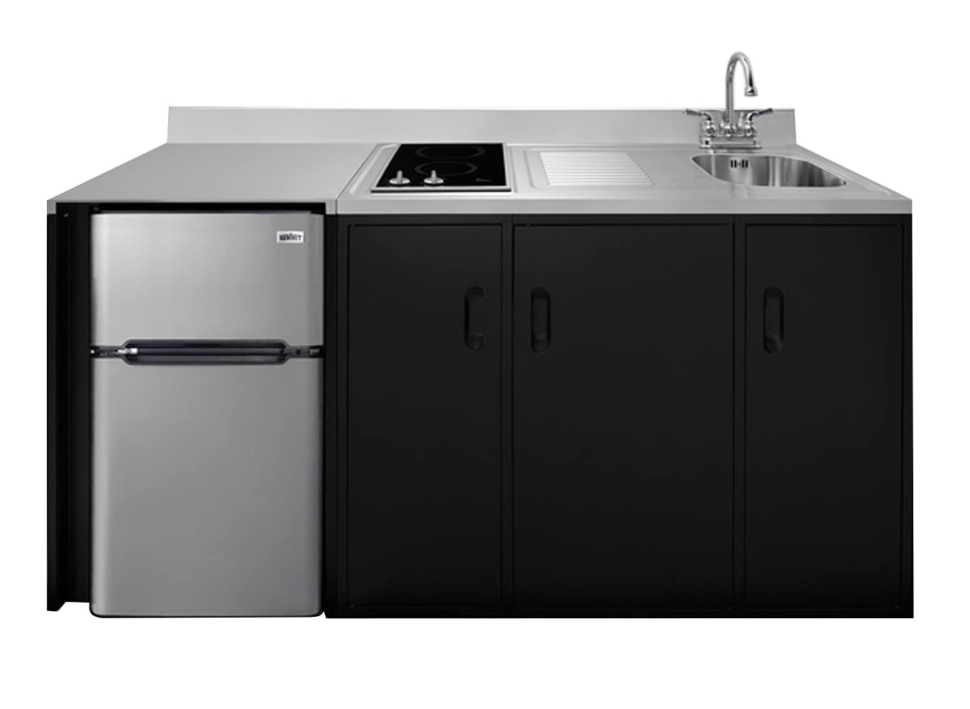 Summit Appliance CK72ADASINKR 72 Wide All-In-One Kitchenette, ADA Compliant, Sink and Faucet, 2-door Refrigerator-freezer, 2-burner Smooth-top Cooktop, Indicator Lights, Storage Compartments,Black