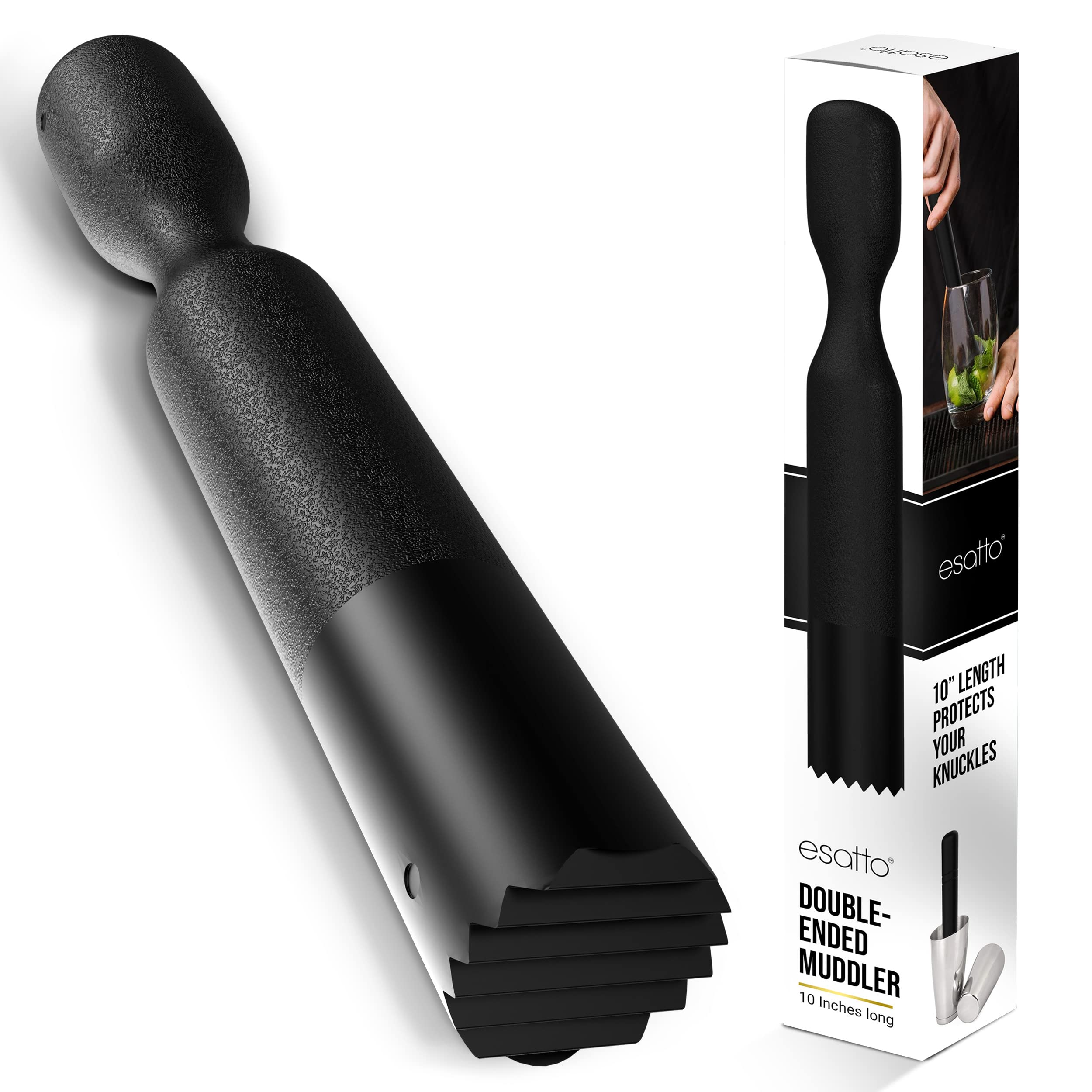 Esatto Professional Bar Tool Muddler 25 CM (10 Inches) Ribbed – Made with ABS Plastic – Durable and Ribbed for Mashing Fruits, Berries, Sugar, Spices, and Herbs (Black)