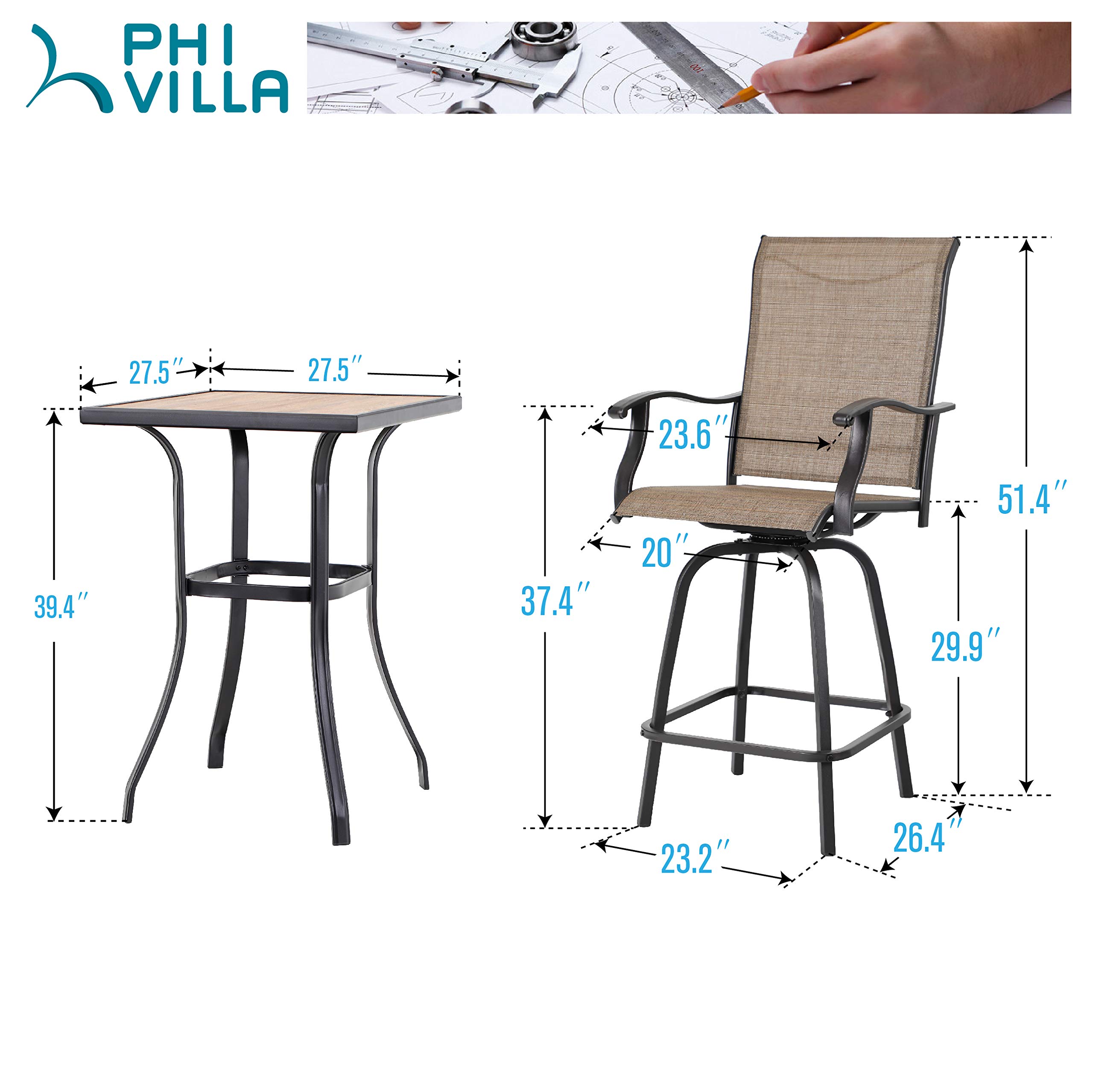 PHI VILLA 3 PCS Patio Swivel Bar Set Outdoor Furniture Bar Height Bistro Set, 2 Bar Stools and 1 Table