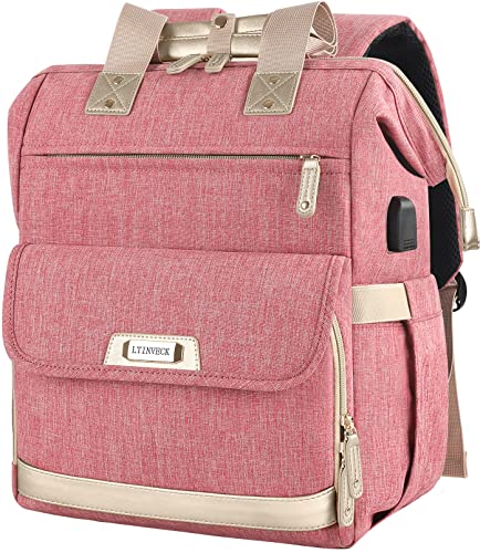 Laptop Backpack for Women,Business Anti Theft Computer Bag Travel Backpack Fits 15.6 Inch Laptop,Water Resistant Wide Open Large Doctor Teacher Nurse Casual Daypacks with USB Charging Port,Pink