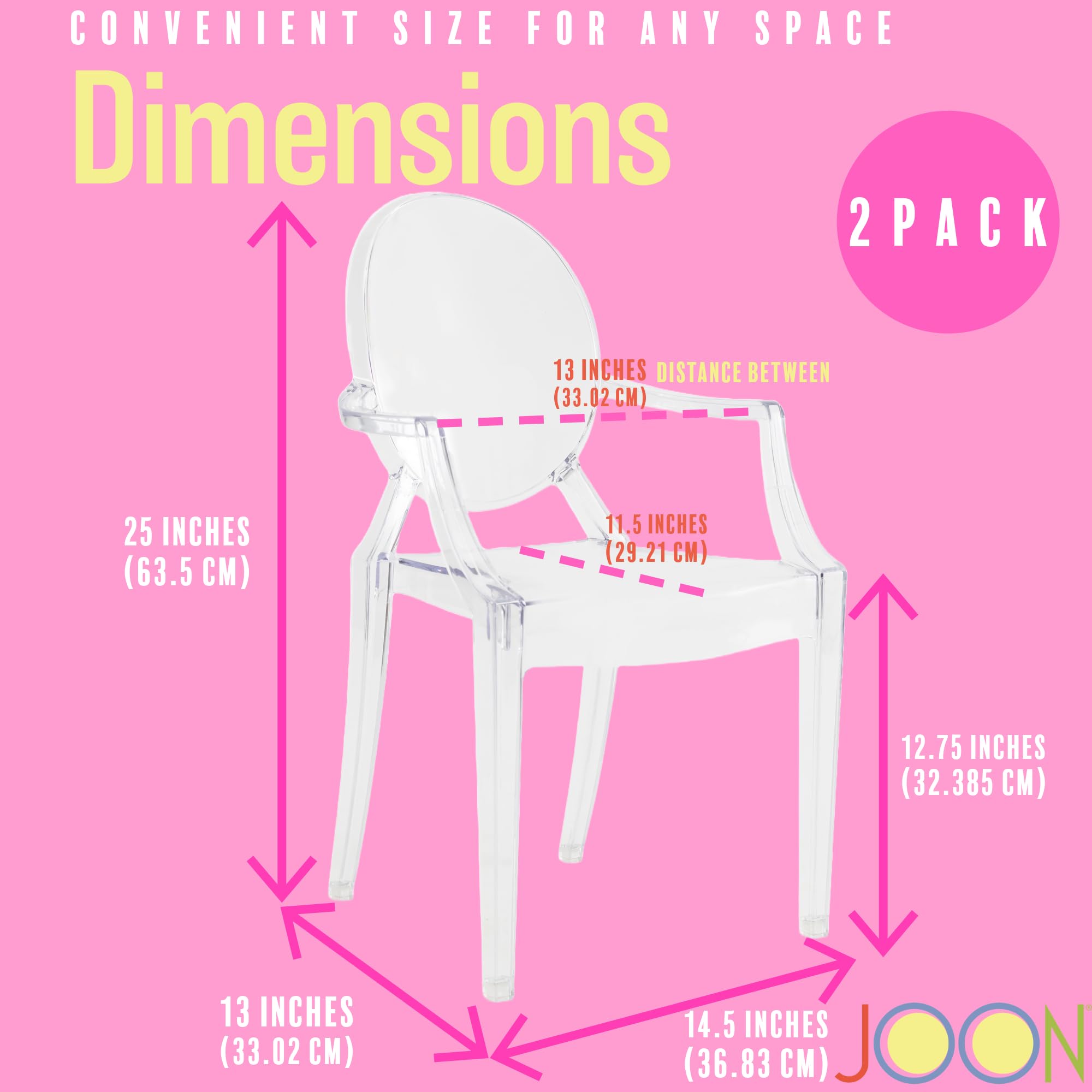 JOON 2 Pack Kids Ghost Chairs with Armrest Transparent, 25x13x14.5 Inches, Polycarbonate Material, 12.75β Seat Height, Stackable, for Toddler Parties, Playroom, Daycare, Home (Transparent Clear)