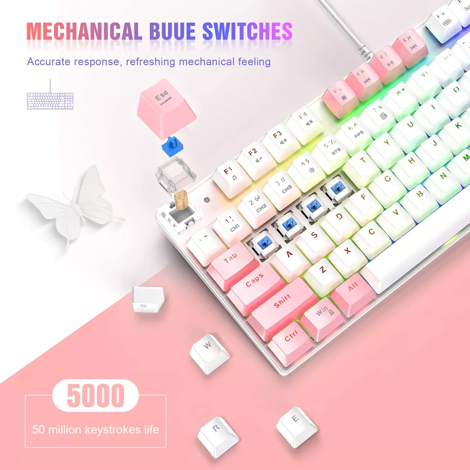EXHNLE RGB Gaming Keyboard and Mouse Combo,87 Keys Gaming Keyboard Wired RGB Backlit Gaming Keyboard USB Backlit Keyboard, for Laptop PC Computer Game and Work (Color : White)