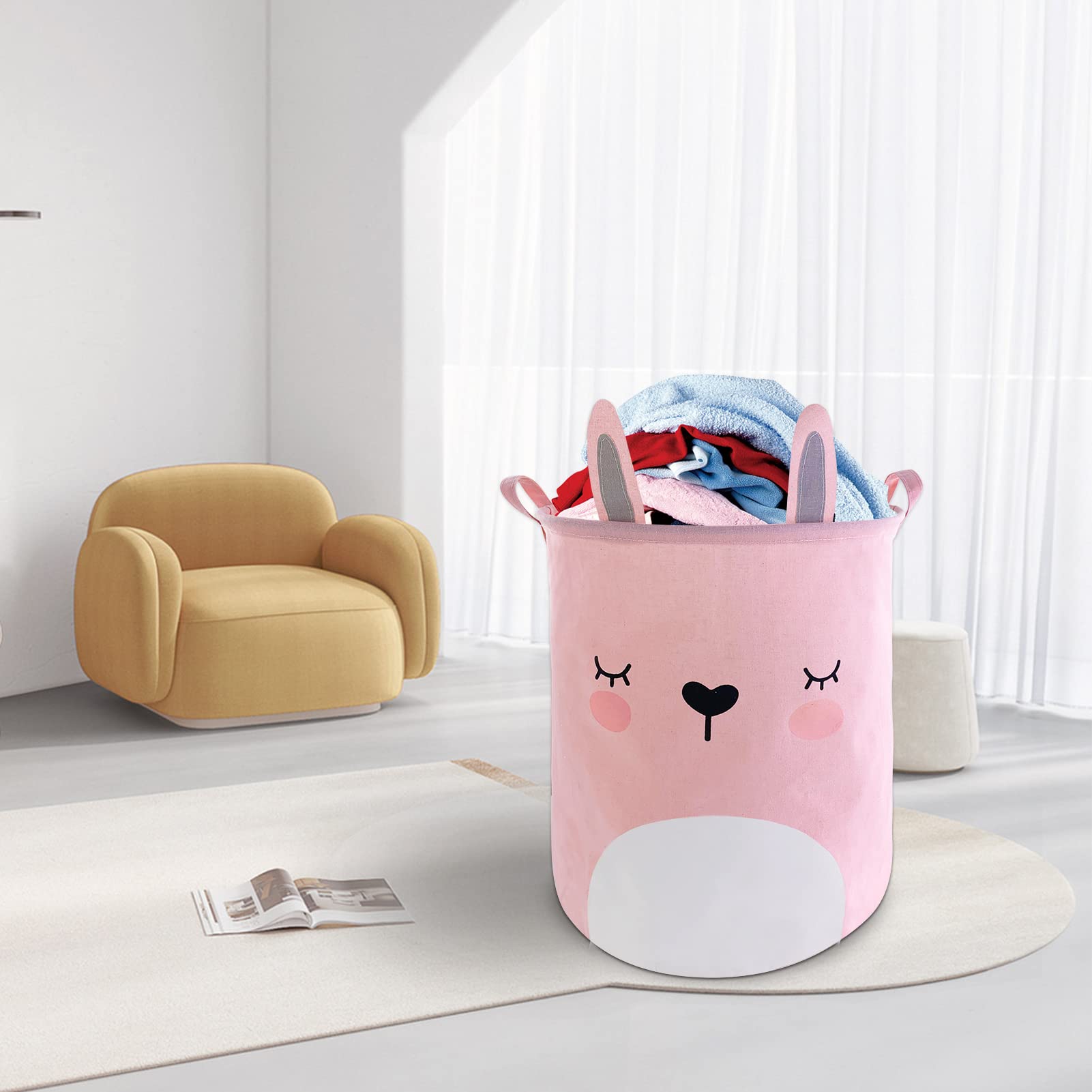 Homele Large Round Storage Basket, Cute Collapsible Laundry Basket Organizers and Storage Bins Foldable Dirty Clothes Basket Nursery Hamper Canvas Fabric Toy Box Decorative Gift Baskets (Pink Rabbit)