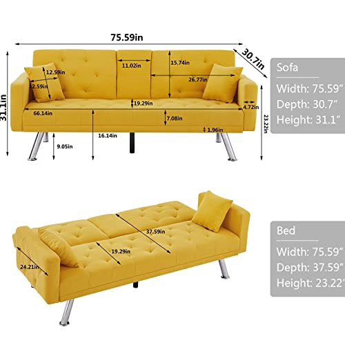 mikibama 76 Inch Futon Sofa Bed with Cup Holders, Linen Convertible Folding Futon Couch with Adjustable Backrest and Throw Pillows for Living Room, Tufted Sleeper Sofa with Metal Legs (Yellow)