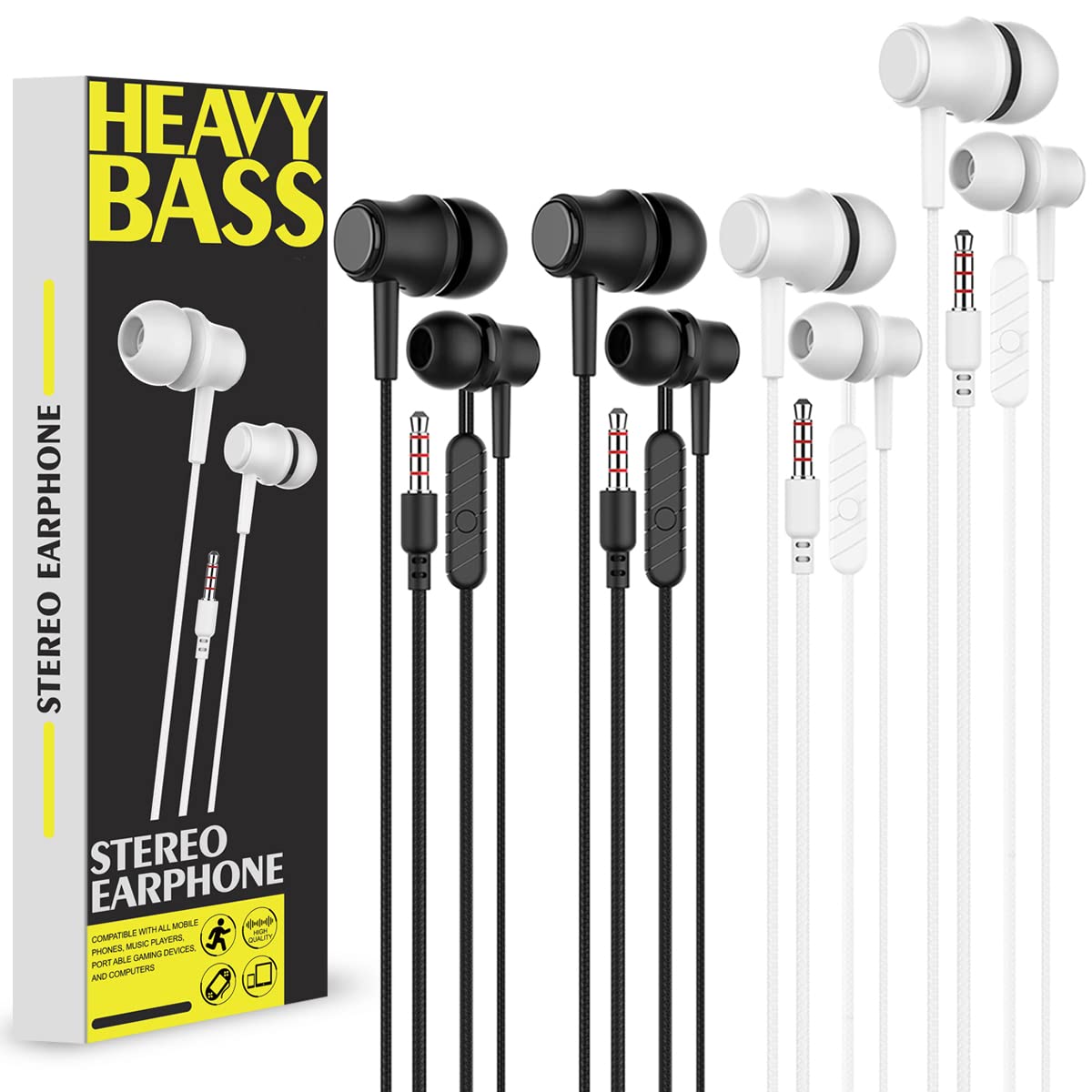 Earbuds Headphones Wired Earphones Earbuds 3.5mm Plug for Smartphone PC Laptop 4Pack(2xWhite+2xBlack)