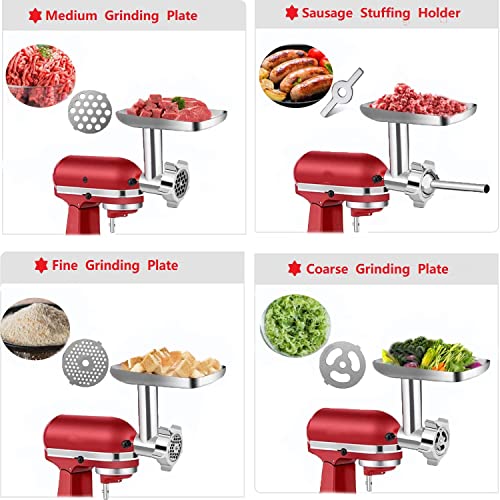 Metal Food Grinder Attachment for KitchenAid Stand Mixers, Meat Grinder Kitchen Aid Asseccories for KitchenAid,Includes 2 Sausage Stuffer Tubes, 4 Grinding Plates,Silver