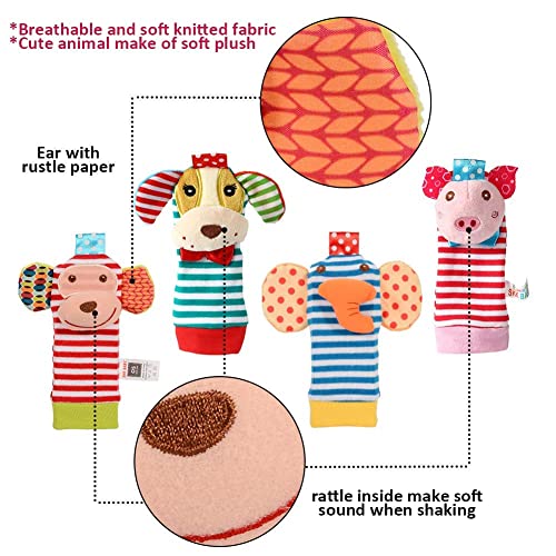 ThinkMax Wrist Foot Rattles for Baby, 8 Pcs Soft Animal Wrist Rattles and Foot Finder Socks - Elephant, Monkey, Piggy and Puppy
