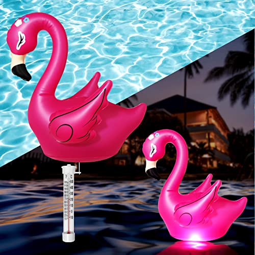 Floating Pool Thermometer with 19" Solar Pool Lights Pond Water Thermometer with RGB Led Lights Color Changing Swimming Pool Thermometer Water Temperature Thermometers for Hot Tub Inflatable Flamingo