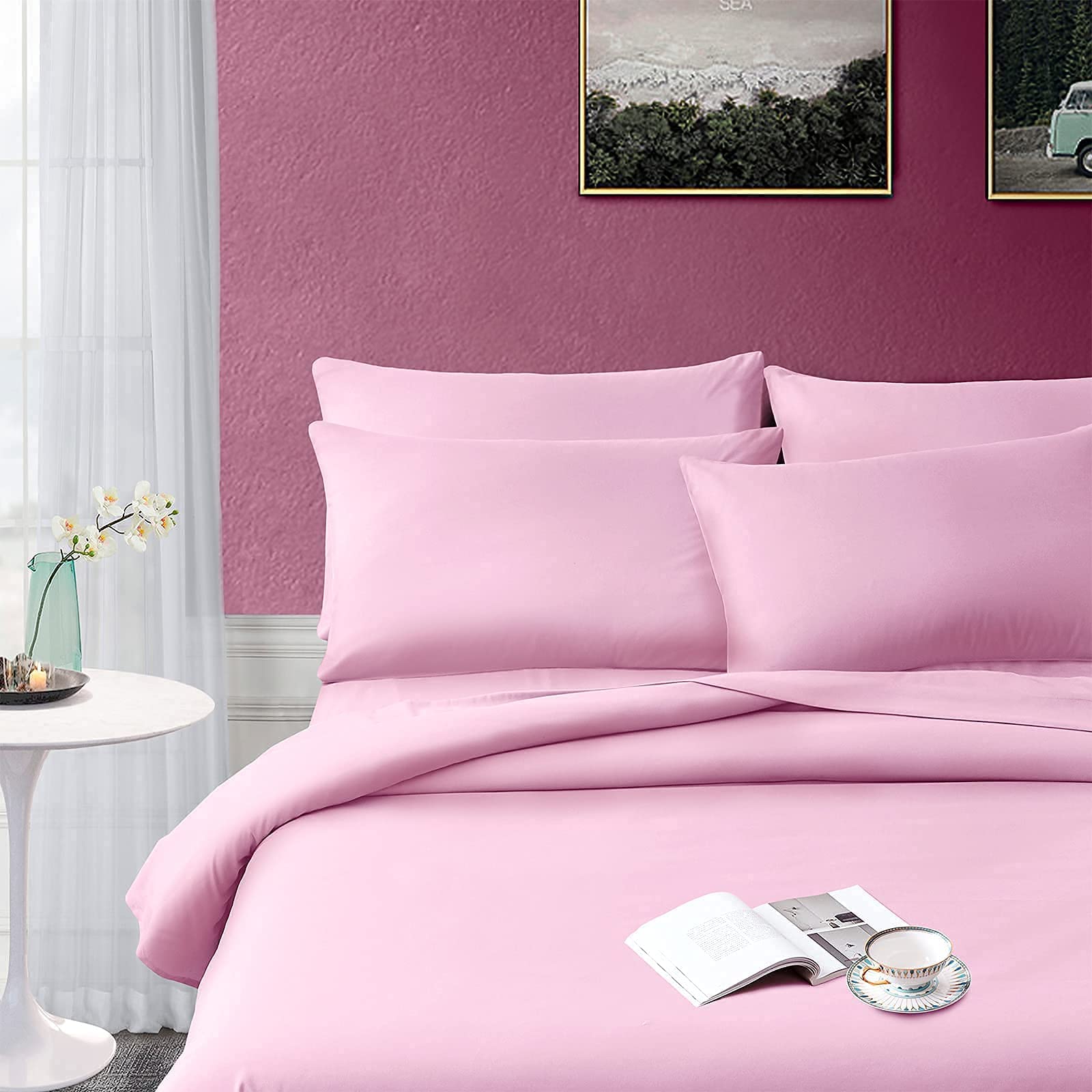 Chvonttow 6 Pieces King Size Bed Sheets Set Brushed Microfiber Sheets Set 1800 Thread Count Luxury Soft Bedding Sheets, Deep Pocket, Wrinkle, Fade Resistant (King, Pink)