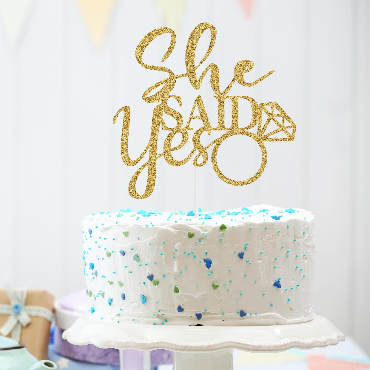 Glitter She Said Yes Cake Topper - Mr & Mrs Wedding Shower Sign, Wedding Engagement Bridal Shower Party Decorations Gold