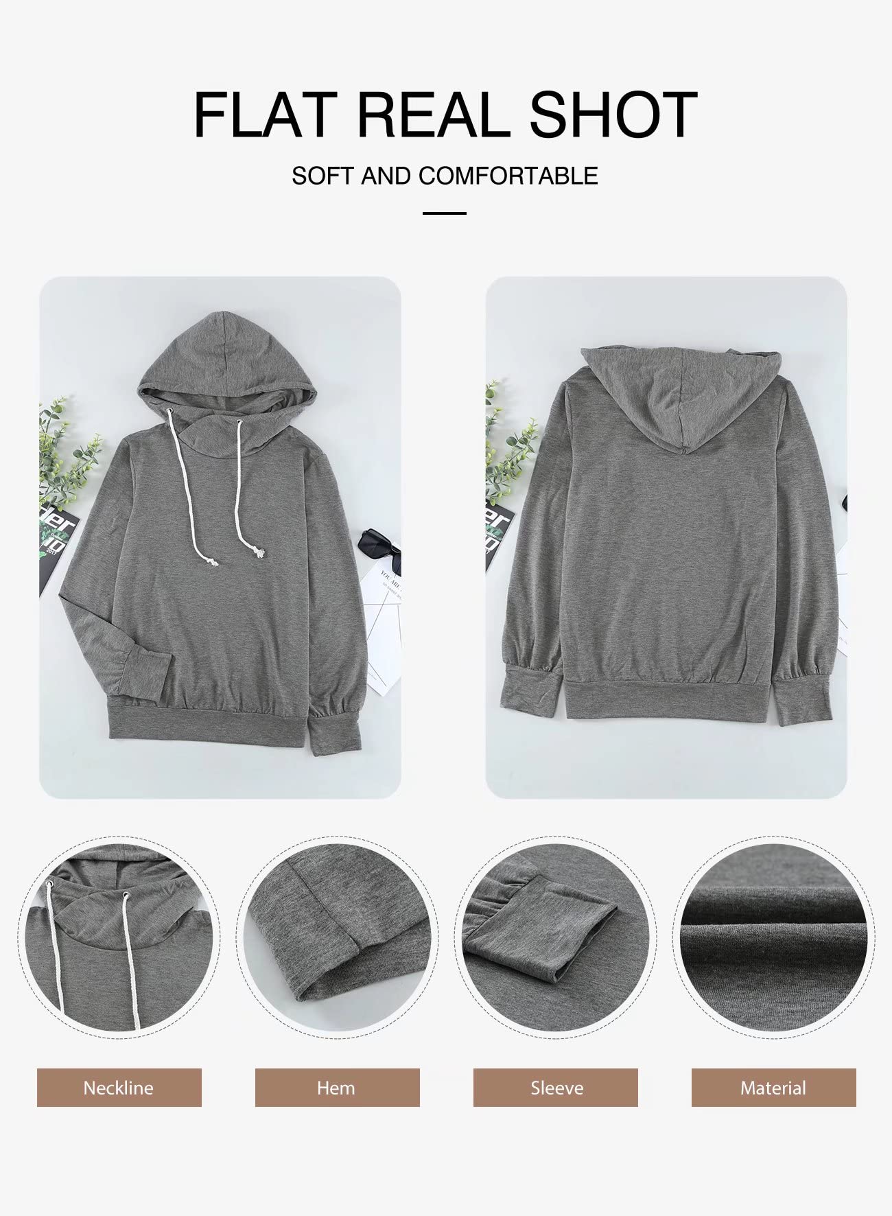 Dearlove Womens Casual Long Sleeve Drawstring Hoodies Sweatshirt Solid Color Comfy Loose Pullover Tops with Kangaroo Pockets Gray X-Large