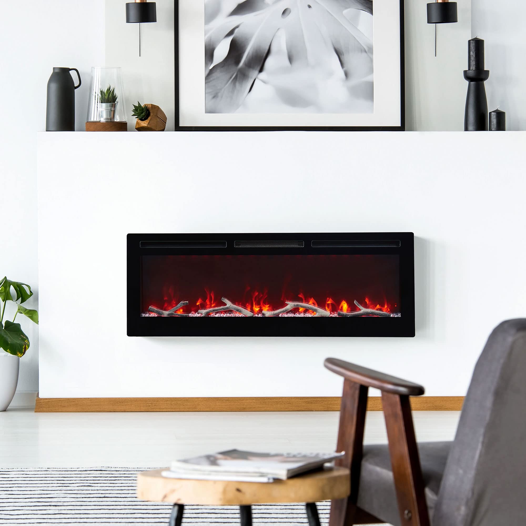 EDYO LIVING 60 inches Electric Fireplace Recessed and Wall Mounted Electric Fireplace Heater and Linear with Timer, Remote Control, Adjustable Flame Color