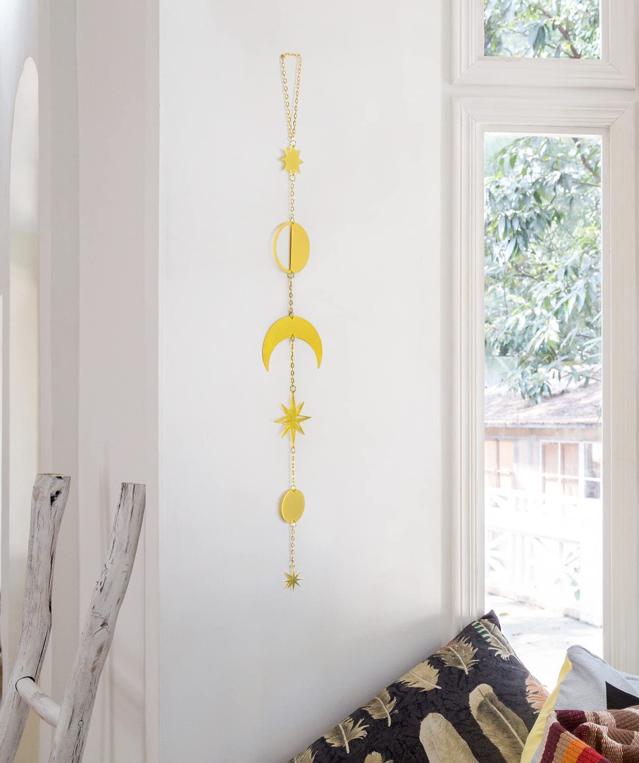 Dahey Moon Phase Wall Hanging Boho Decor Star Wall Art Garlands Metal Cycle Ornament Vertical Bohemian Home Decoration for Bedroom, Living Room, Apartment or Dorm, Gold