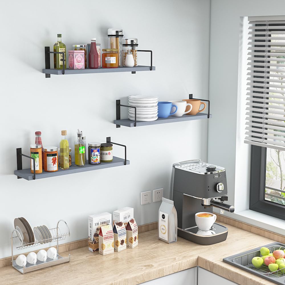 EALLRINEC Floating Shelves, 24 Inches Easy to Install Wall Mounted Shelves, Wall Shelves Set of 3, Rustic Wood Shelves for Wall Décor, Storage Shelves for Living Room (Grey)